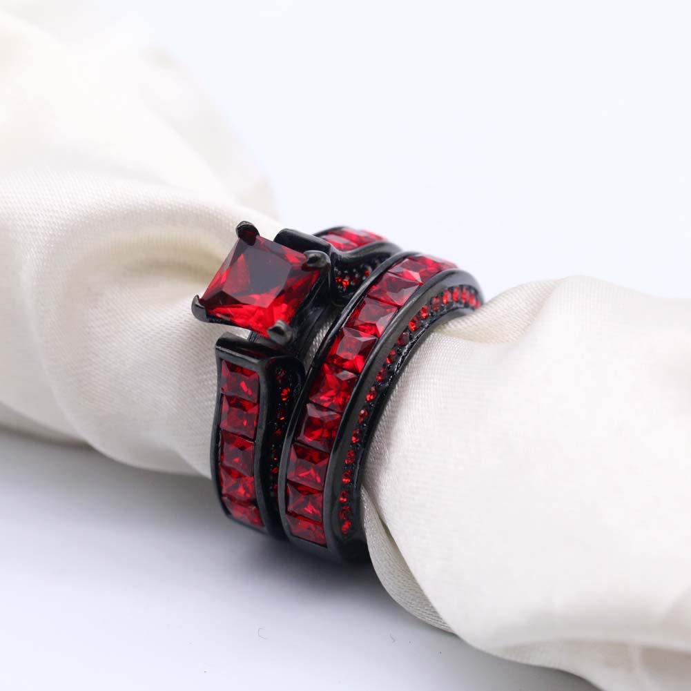 Black Gold Plated Womens Wedding Ring Sets Bridal Sets Princess cut Red Cz Engagement Ring Wedding Bands