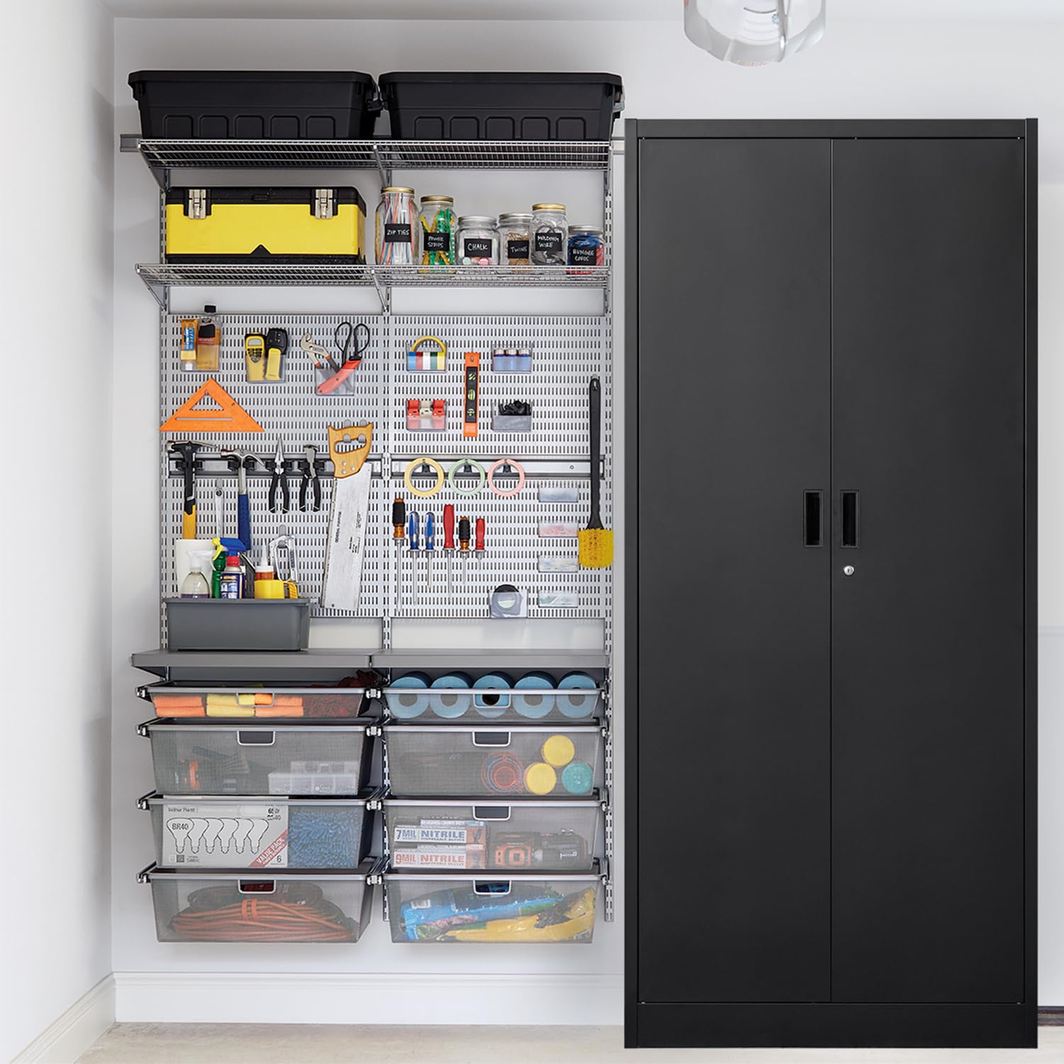 Metal Storage Cabinet with 2 Doors and 4 Shelves, Lockable Steel Storage Cabinet for Office, Garage, Warehouse, 70.86" H x 31.5" W x 15.75" D (Black)