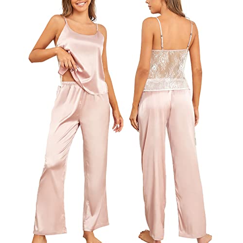 DUWMCON Womens Sexy Pajamas Silk Satin Sleepwear Lace Backless Camisole Pants Nightwear Scoop Neck PJ Set for Women Classic Loungewear Pink