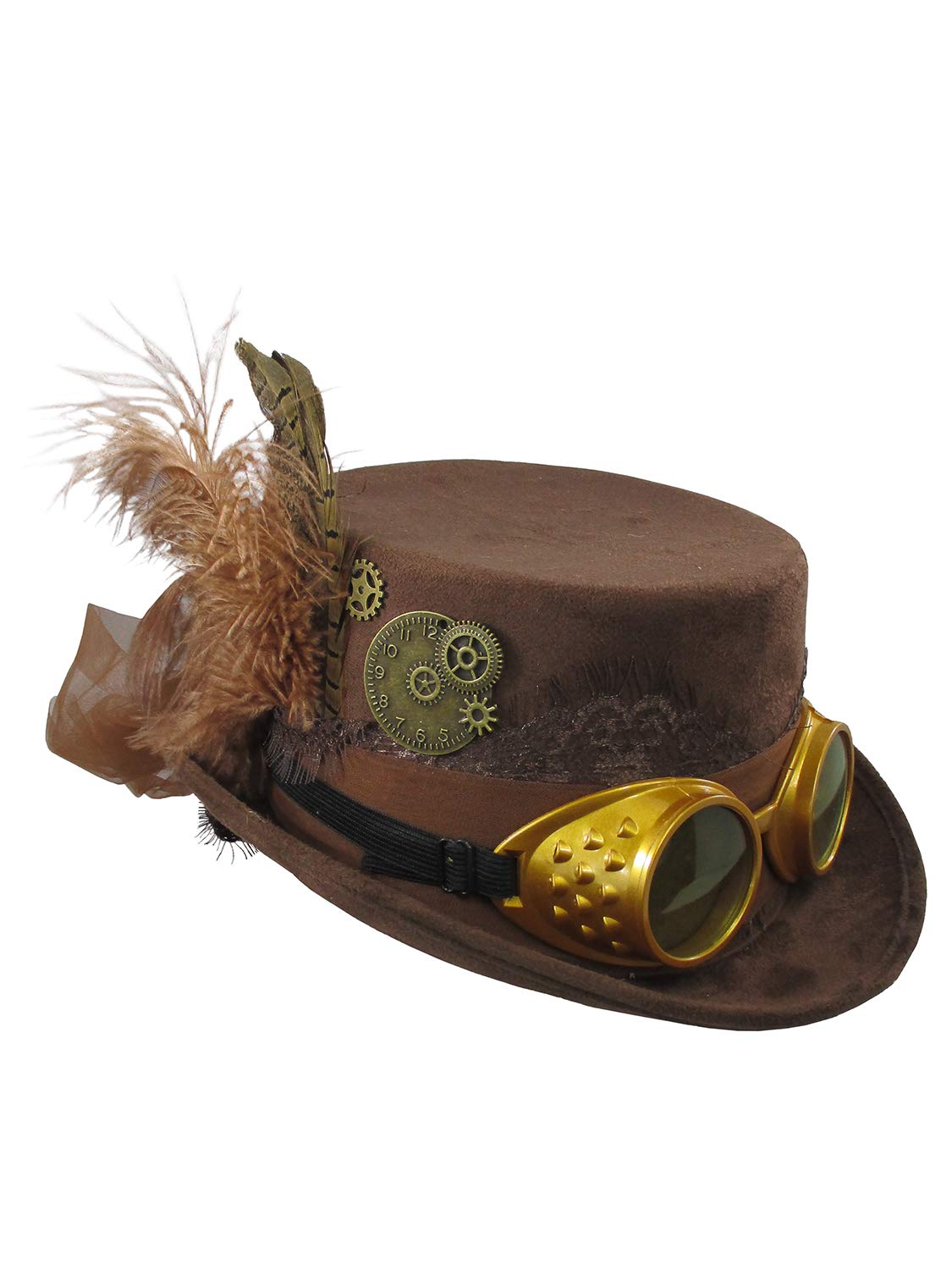 Jacobson Hat Company Deluxe Velvet 4.25 Inch Steampunk Top Hat With Removable Goggles (Brown), One Size
