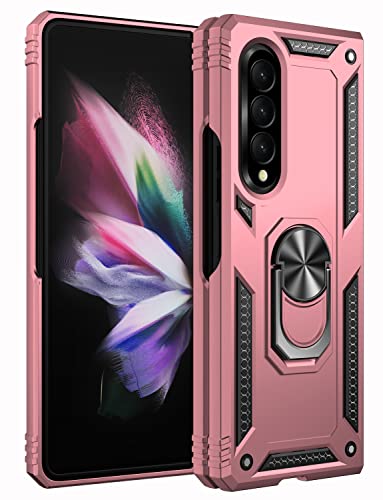 IKAZZ Galaxy Z Fold 3 Case,Samsung Z Fold 3 Cover Military Grade Shockproof Heavy Duty Protective Phone Case Pass 16ft Drop Test with Magnetic Kickstand for Samsung Galaxy Z Fold 3 Rose Gold