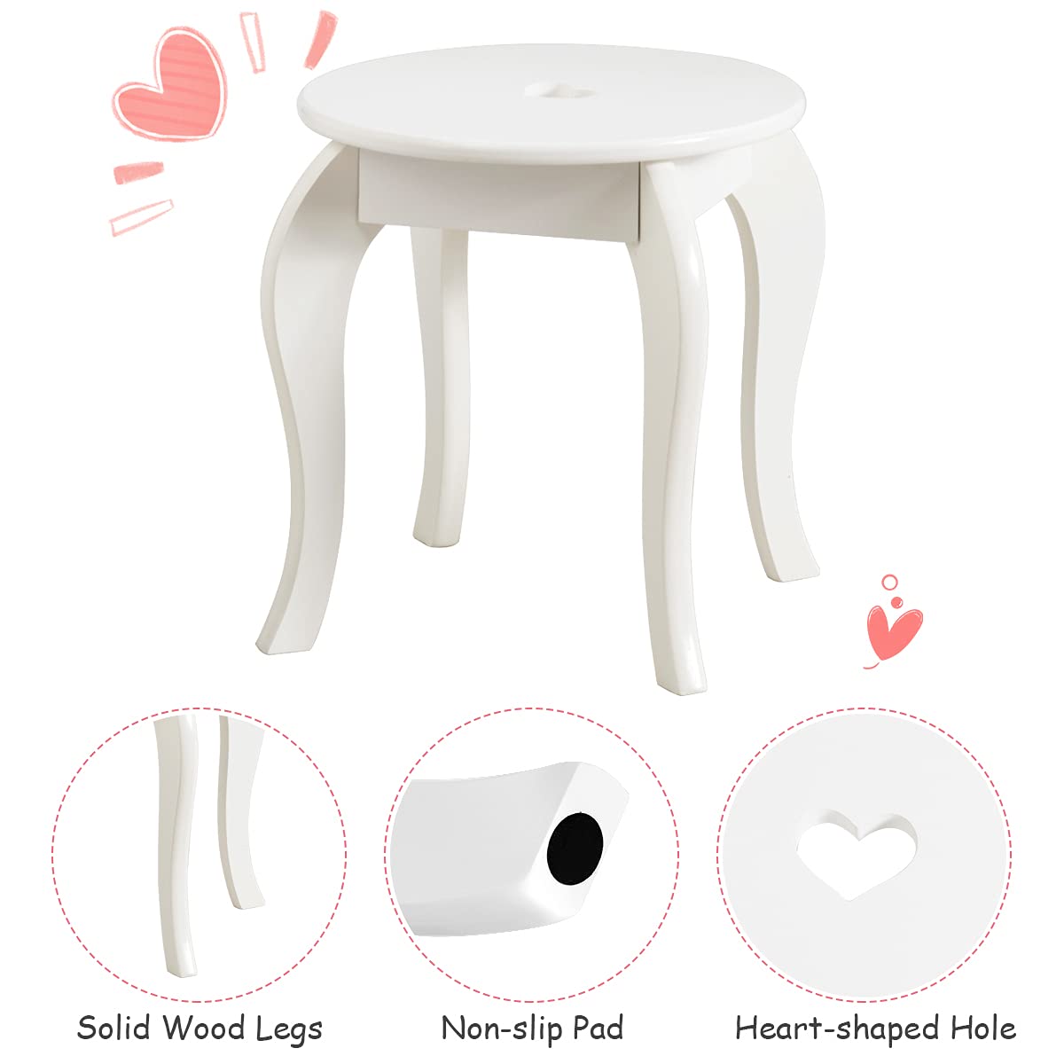 HONEY JOY Kids Vanity Set with Mirror, Toddler Wooden Vanity Table with Stool & Drawer, Removable Top, Princess Pretend Play Beauty Makeup Dressing Table Playset for Little Girls(White)