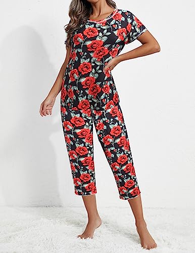 Ekouaer Women's Pajama Set Floral Print O-Neck Short Sleeves Tshirt with Capri Pants Sleepwear Pjs Sets Black Red Floral L