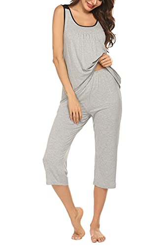 Ekouaer Women's Sleepwear Bamboo Jersey Sleeveless Top and Capri Pleated Loungewear O Neck Pajama Set Grey L