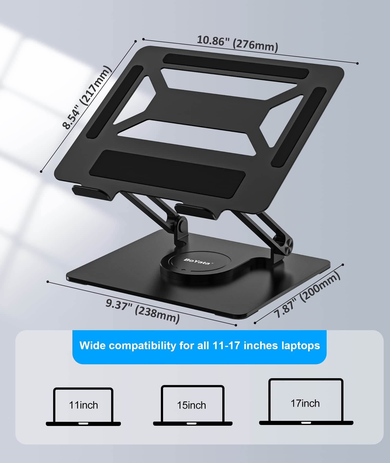 BoYata Laptop Stand for Desk, Adjustable Computer Stand with 360° Rotating Base, Ergonomic Foldable Laptop Riser Holder Compatible with All MacBook Pro/Air, Notebook up to 17"-Black