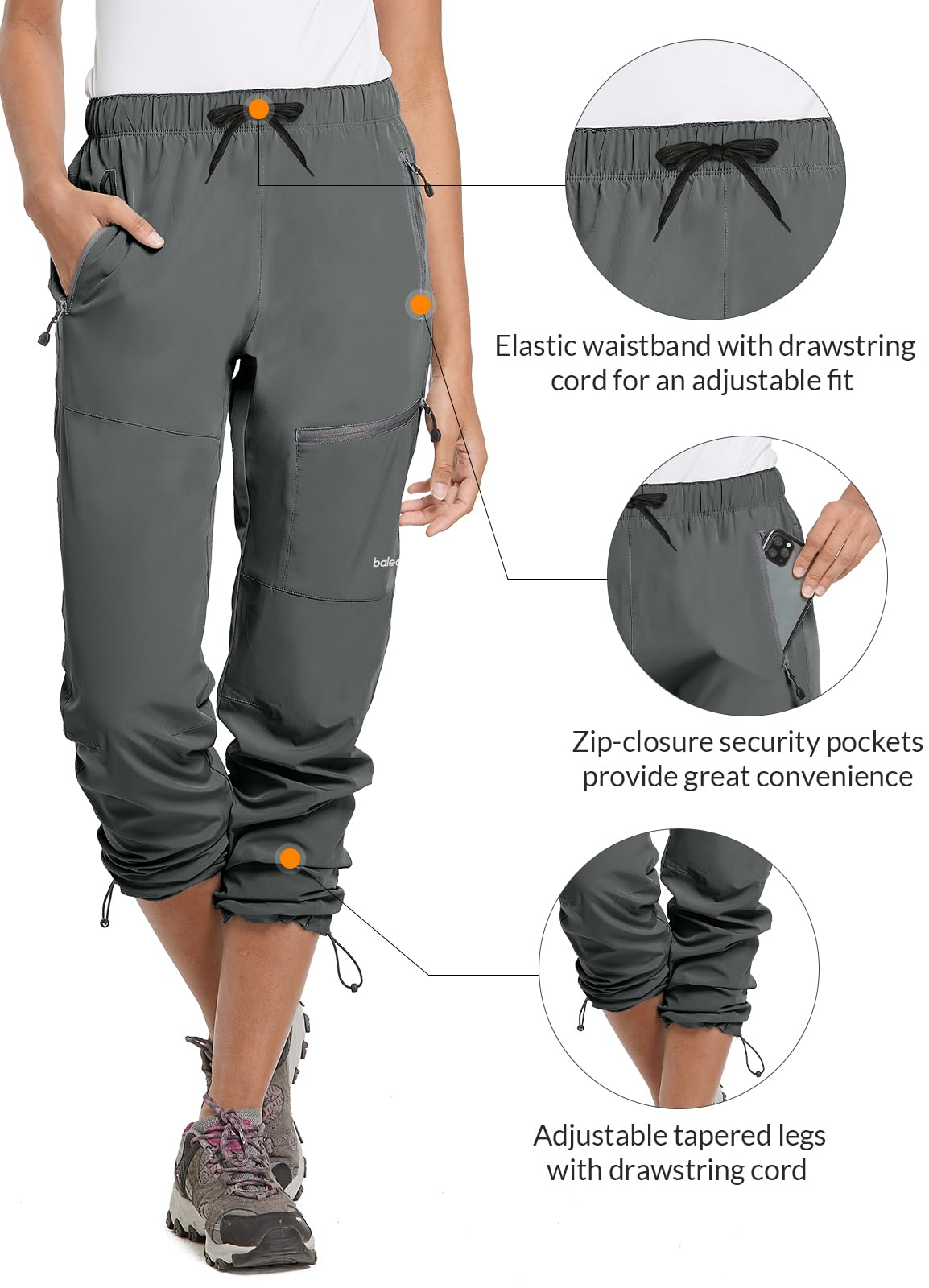 BALEAF Women's Hiking Pants Quick Dry Water Resistant Lightweight Joggers Pant for All Seasons Elastic Waist Steel Gray Size L, Capri