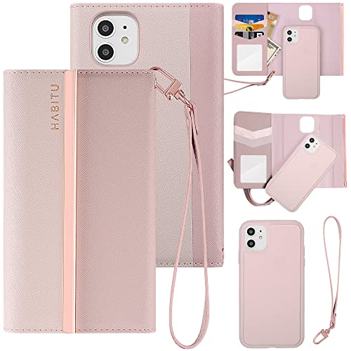 HABITU [Folio Collection 2022 Eris Tri-Fold Pink Wallet Case for iPhone XR/11, Detachable Vegan Leather Magnetic Folio with Card Pockets, Mirror & Strap for Women, for Women