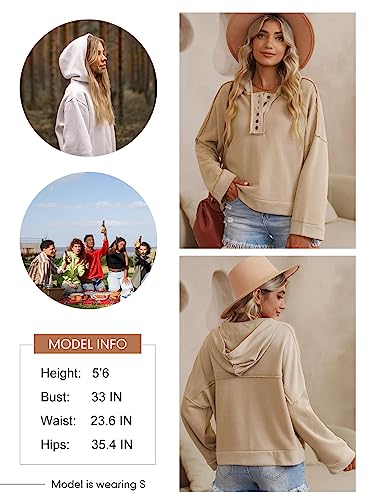 Dokotoo Casual Loose Long Sleeve Hoodies for Women Fashion Solid Button Down Batwing Sleeve Hooded Sweatshirt Khaki Large