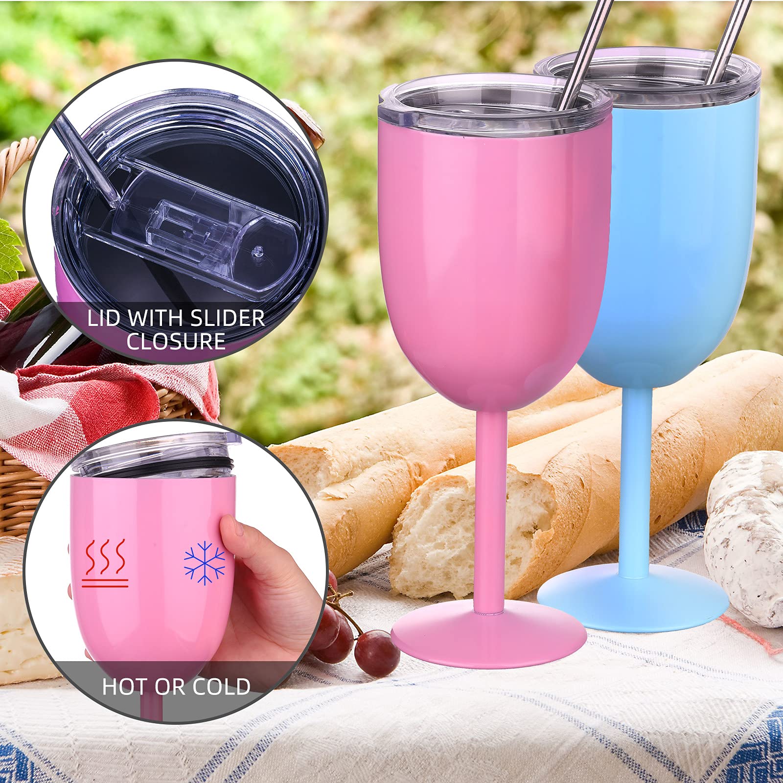 Geiserailie Stemmed Stainless Steel Wine Glasses with Lid Double Wall Insulated Wine Tumbler Unbreakable Goblets with Drinking Straw and Straw Brush, 10 oz(Black, White, Silver,3 Pieces)