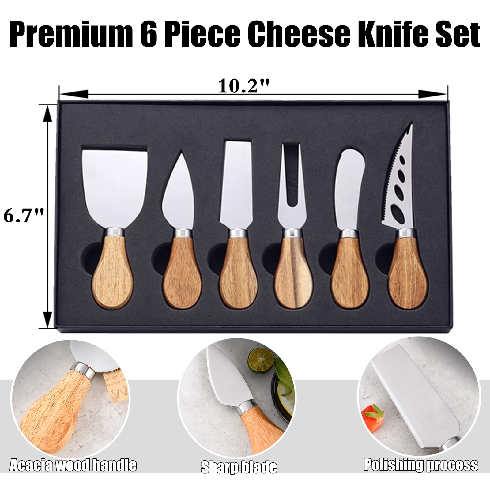 BUVLIVU Exquisite 6-Piece Cheese Knife Set- Stainless Steel Cheese Knife Set for Charcuterie Board (Wood Handle) with Gift Box, Cheese Spreader Knife Set, Charcuterie Utensils(Gift-Ready)