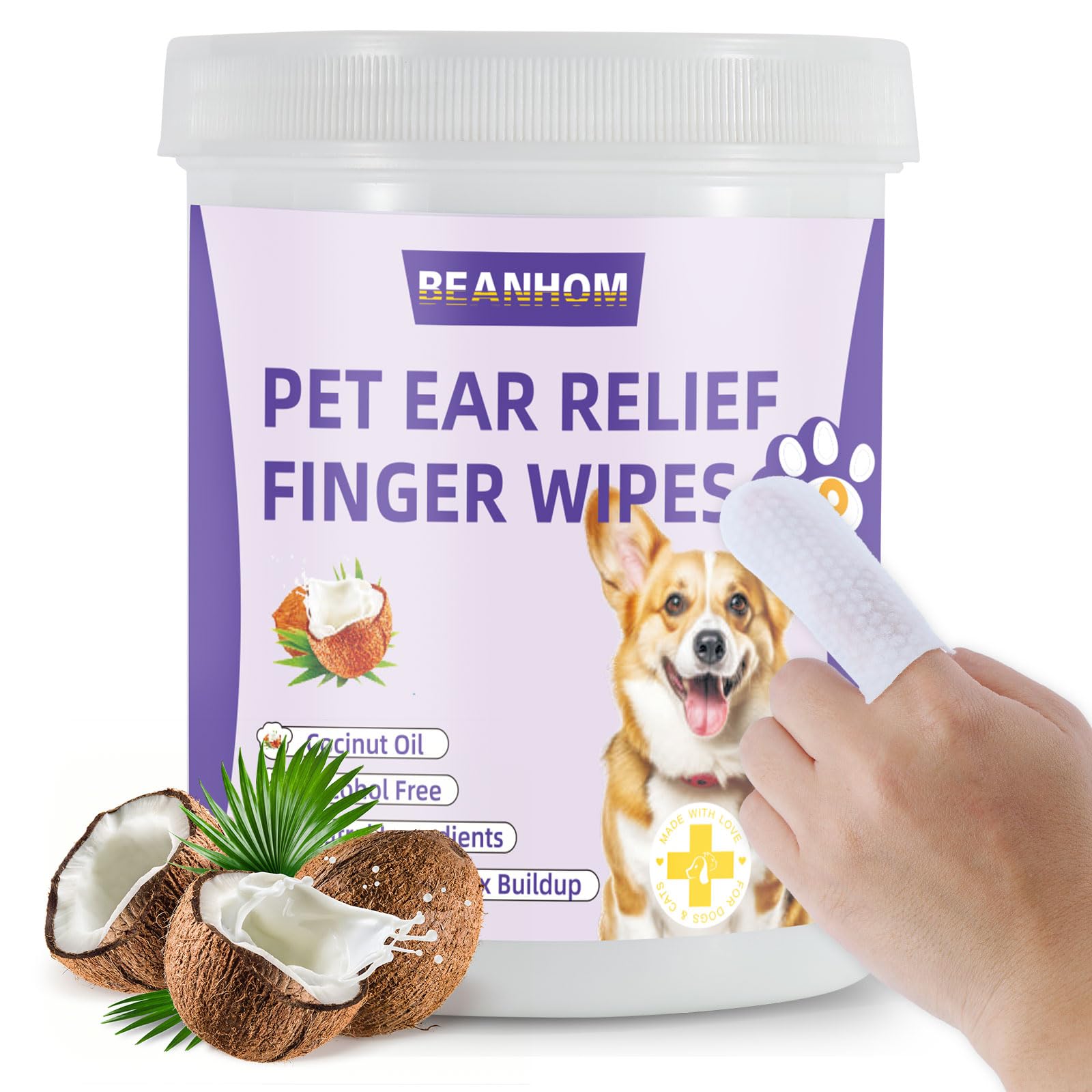Dog Ear wipes Finger - Ear Finger Wipes for Dogs & Cats - Pet Ear Cleaning Finger Wipes - Sooths & Deodorizes, Prevent Ear Itch & Inflammation – Fresh Coconut Scent, All Natural Ingredients - 60 Count