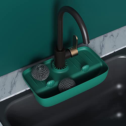 EastVita Kitchen Sink Storage Rack,Faucet Splash-Proof Draining Rack,Non-Slip Sink Water Collection Pad Kitchen Rag Sponge Wipe Sink Tray Holder Drain Basket for Various Countertops Dark Green