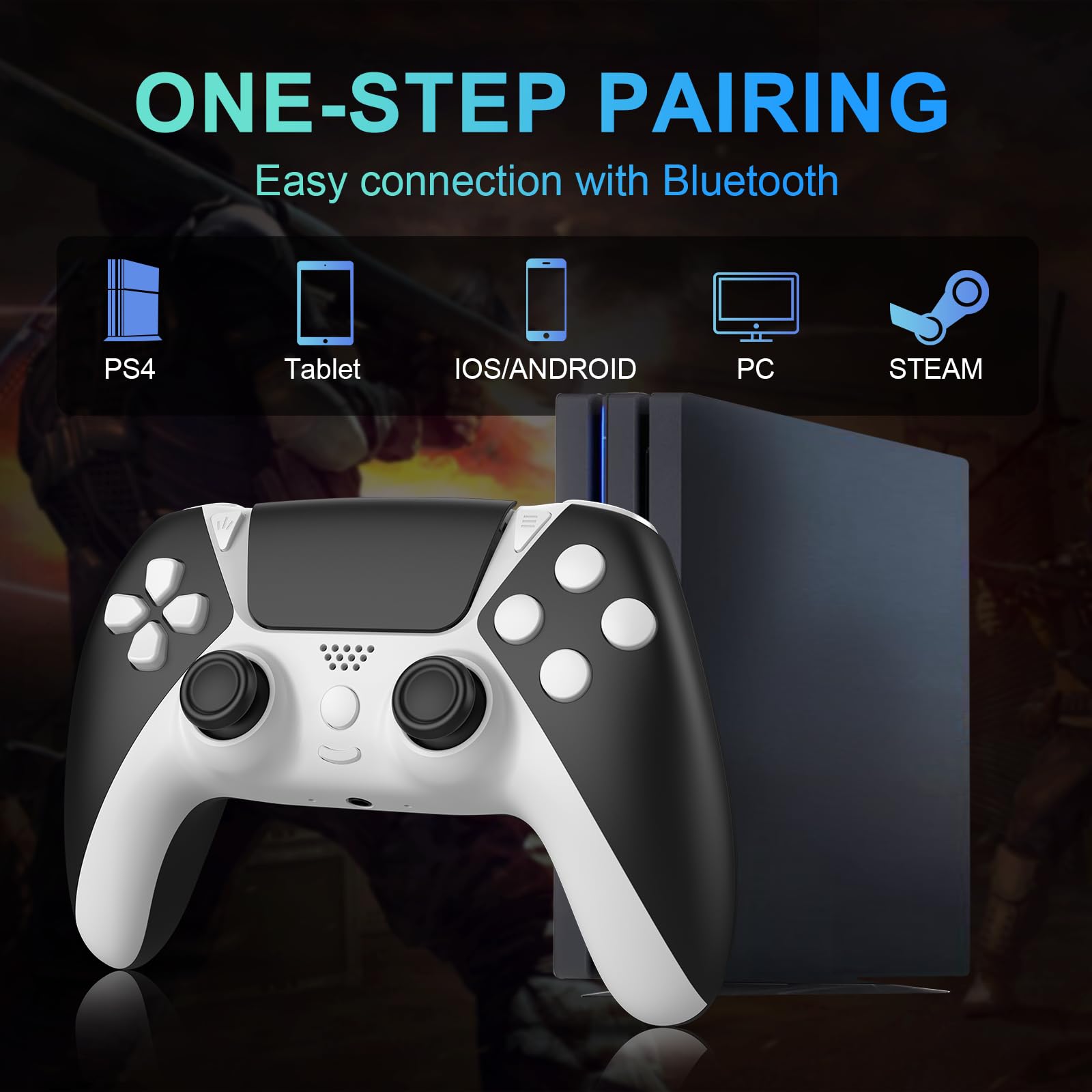 AUGEX Wireless Controller for PS4 Controller, Wireless Gamepad Work with Playstation 4 Controllers, Game Control for PS4 Controller with Joystick (Black&White)