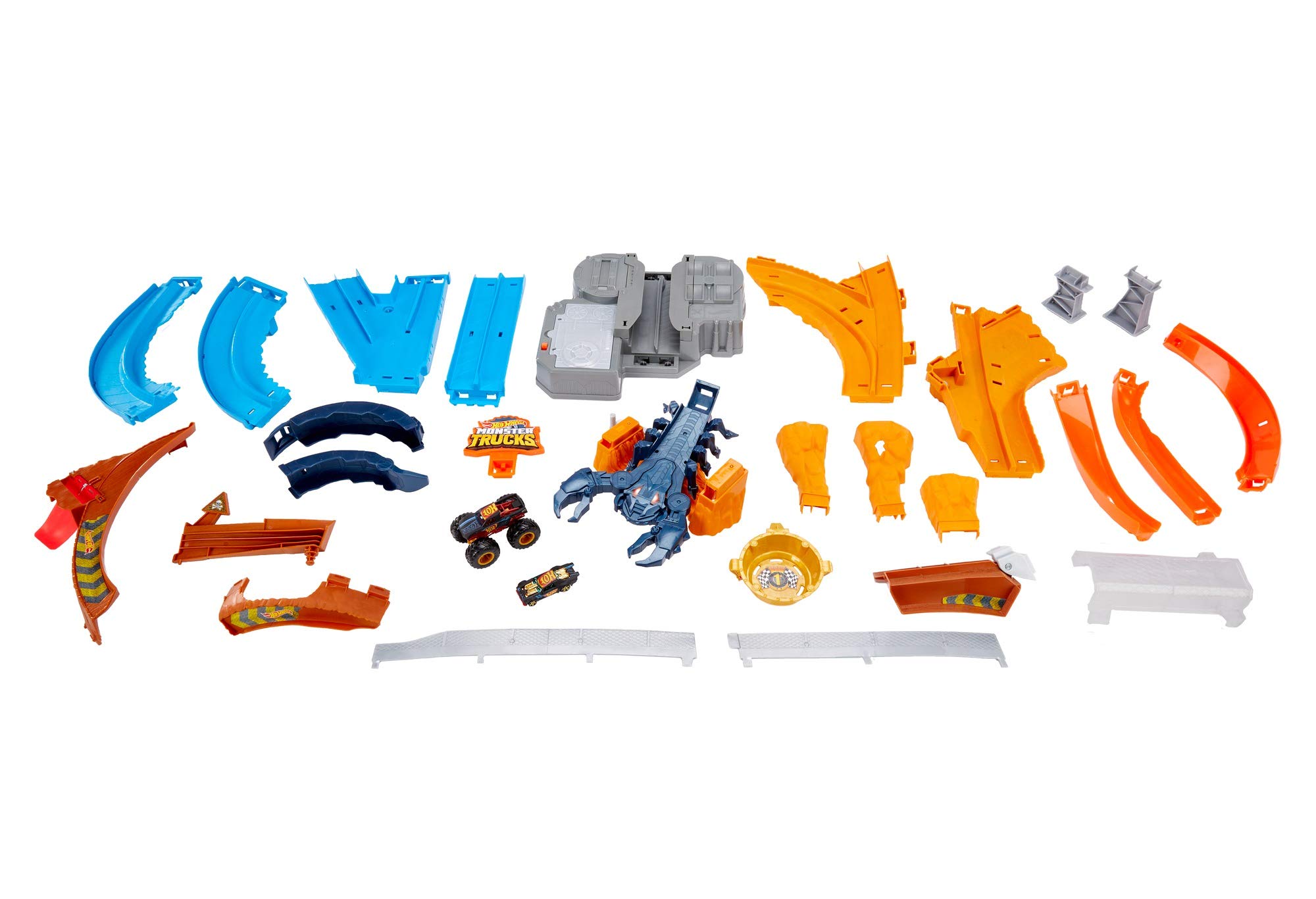 Hot Wheels Monster Trucks Scorpion Sting Raceway 3.5 feet Motorized Track Set with Giant Scorpion, 1:16 scale Monster Truck Podium Crasher & 1 Hot Wheels 1:64 Scale Night Shifter Model