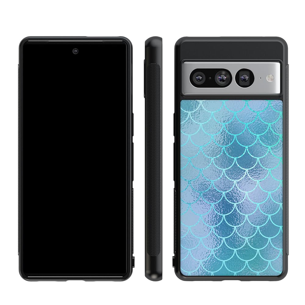 Blue Aqua Mermaid Scales Skin Black Rubber Phone Case Compatible With Google Pixel 8 Pro, 8a, 8, 7a, 7, Pixel 7 Pro, 6a, Pixel 6 Pro, 6, 5, 4a 5G, 4a 4G, 4, 4 XL, 3a, 3a XL, 3, 3 XL, 2 XL, 2