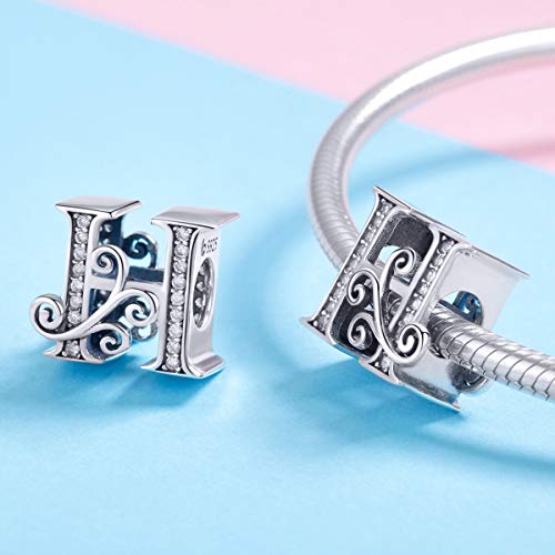 Authentic 925 Sterling Silver Charms Vintage A-Z Letter Alphabet Charms Fit Pandora Bead Bracelets & Women Original Charm Diy Jewelry (H)