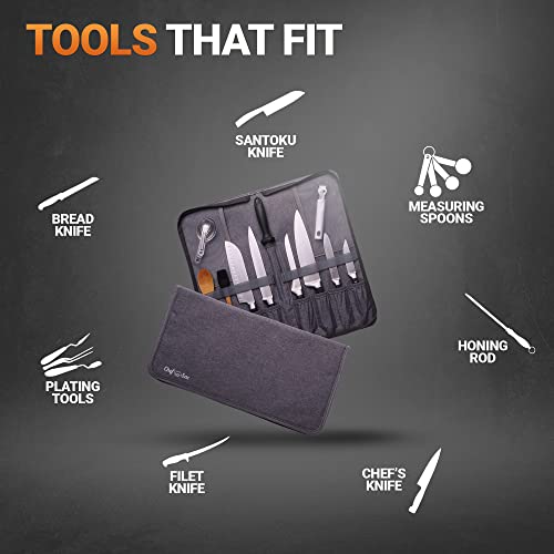 Chef Knife Bag Travel Folder Extended Knife Case | 8 Pockets for Knives, Kitchen Tools & Camp Accessories | Special Slot for Honing Rod | Durable Knife Holder for Chefs & Culinary Students (Dark Grey)