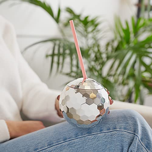 Blush Silver Disco Ball Cup with Straws for Parties - 16 Ounce Cute Sparkly Glitter Cocktail Disco Ball Drink Tumbler, Party Supplies