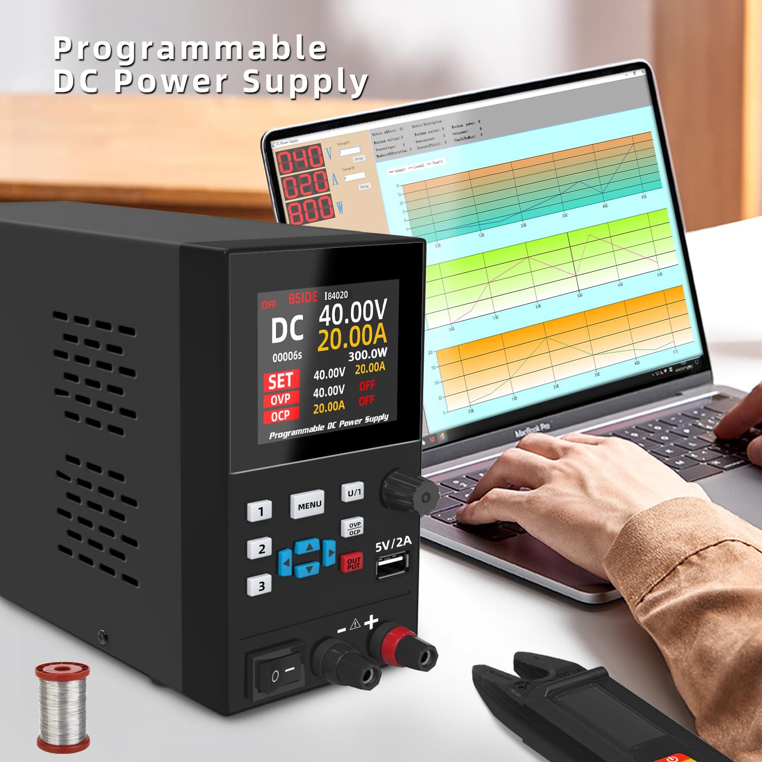 BSIDE Programmable DC Power Supply 40V 20A Lab Power Supply Small Variable Bench Power Supply Adjustable Switching Regulated DC Output Power Supply with Encoder Arrow Key Adjustment and USB