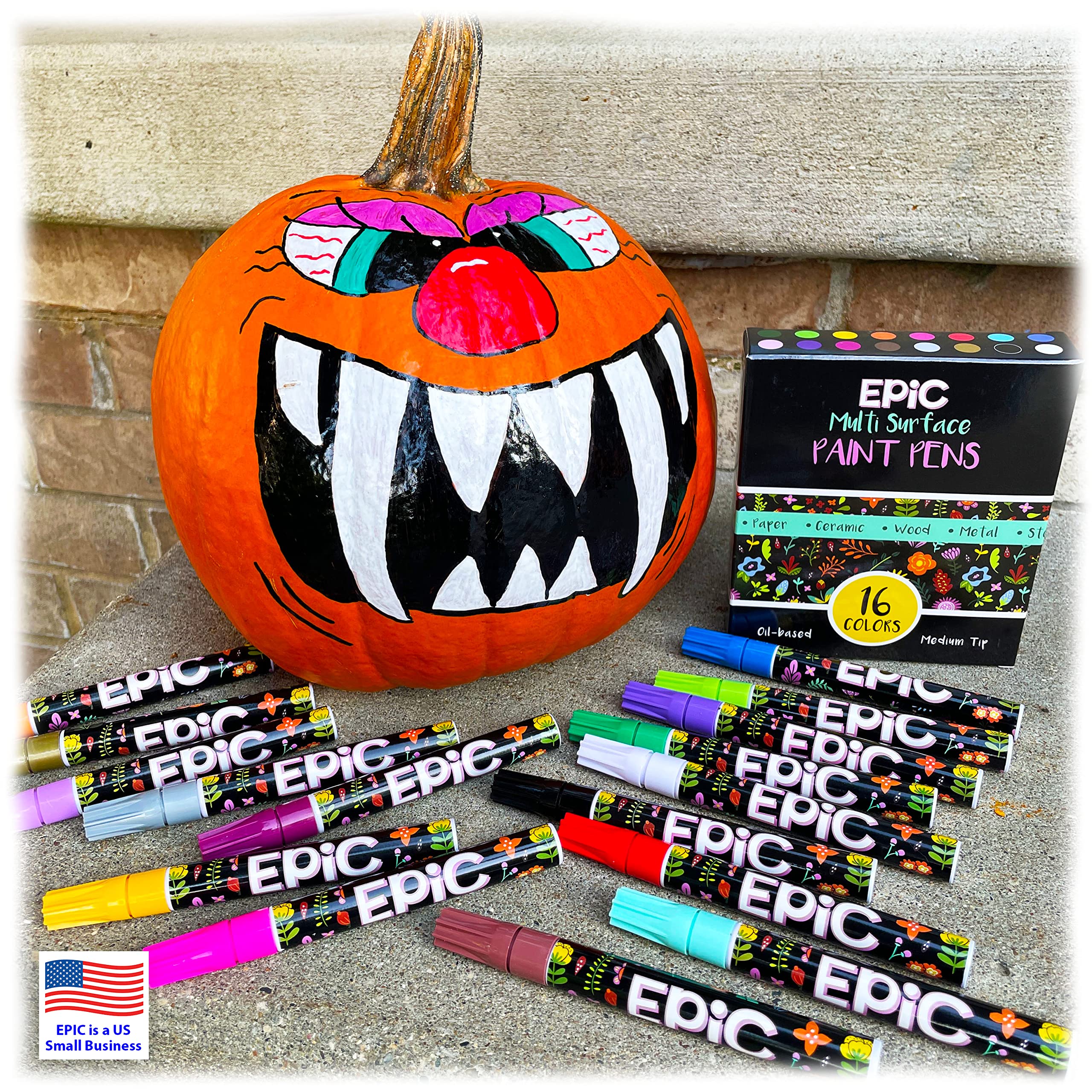 Epic Oil Based Paint Markers - Paint for Pumpkins - Permanent Opaque Paint for Metal, Glass, Ceramic, Porcelain, Wood, Fabric, Canvas, Rubber - Medium Tip - 16 Popular Colors - Halloween