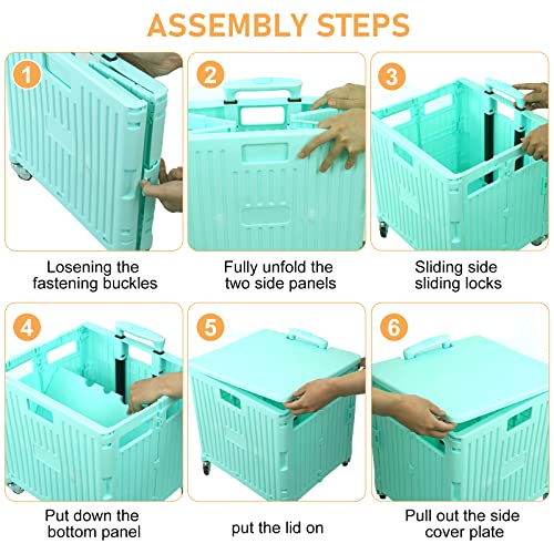 Foldable Utility Cart,Heavy Duty 4 Wheels Rolling Carts,Collapsible Crate Shopping Cart with Wheels Rolling Tote Basket Teacher Cart with Lid,Travel Shopping Moving Storage Office Use(Green)
