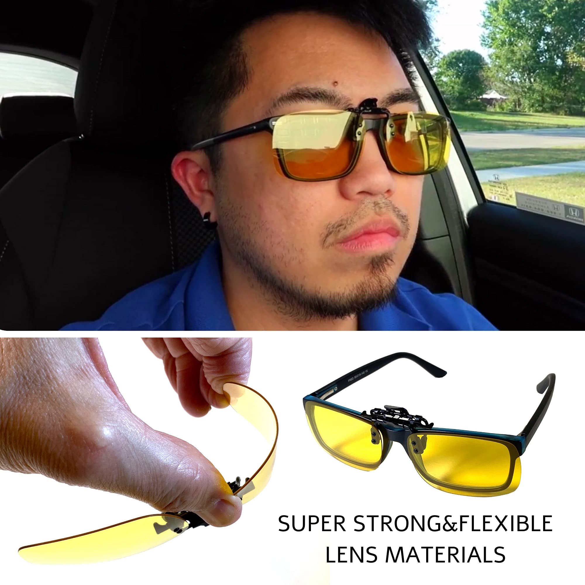 BLUE CUT Clip on Polarized Night vision Glasses Flip up Sunglasses UV-400 to Wear Over prescription Glasses for night driving