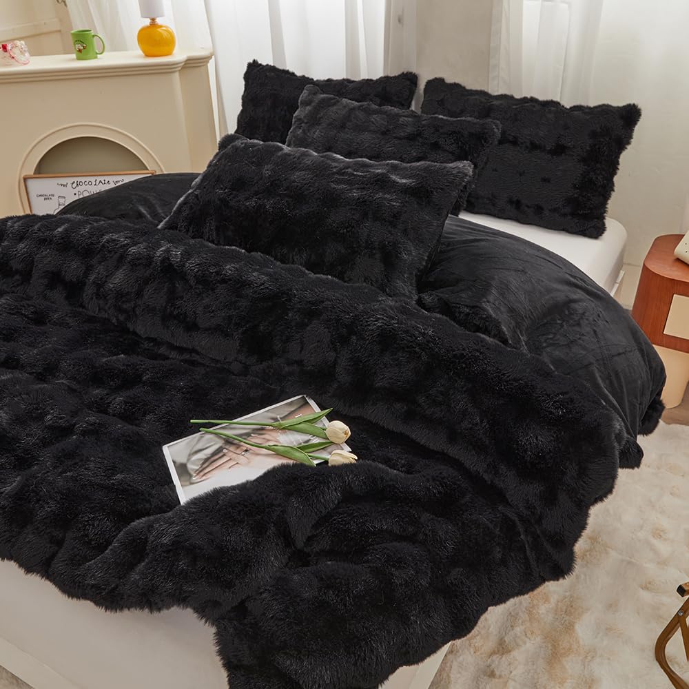 chovy Kids Girls Rabbit Plush Black Bread Grid Comforter Cover Duvet Cover Full - 3PC Faux Fur Bed Set Soft Warm Velvet Flannel Fluffy Fuzzy Bedding(Comforter x 1 Pillowcases x 2)