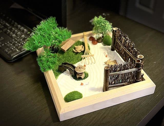 COCORO DIY Desktop Zen Garden for Desk and Office Accessories Includes Zen Garden Sand, Rocks, Rake, Moss Stones, Fishes, Lantern, Bridge, Bench, Baby Pine Tree, Pine Tree, and Turtle