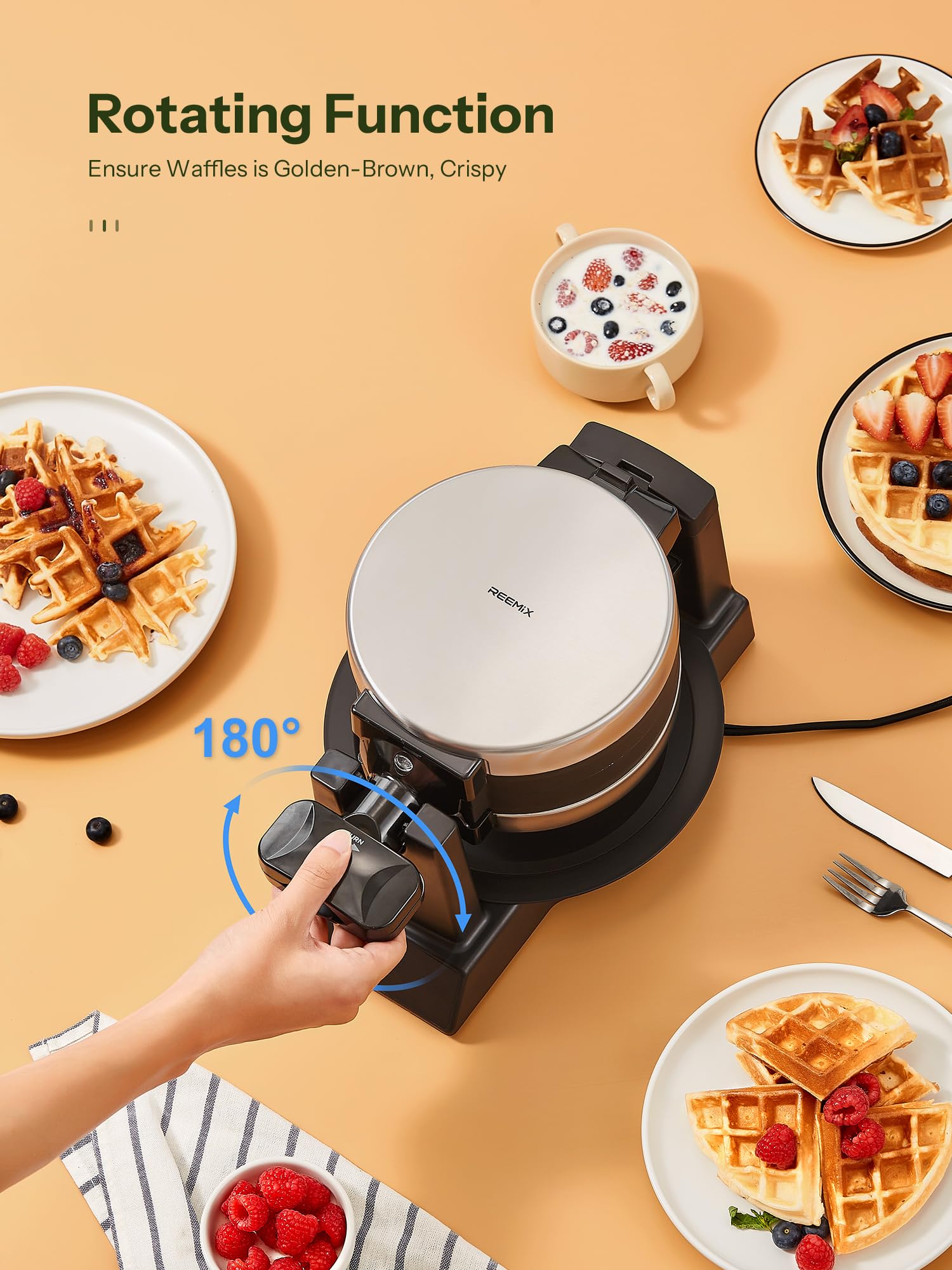 Classic Waffle Iron, Double Belgian Waffle Maker 180°Flip, 1400W Waffle Iron 8 Slices, Rotating & Nonstick Plates with Removable Drip Tray, Cool Touch Handles, Stainless Steel (8 Slices)