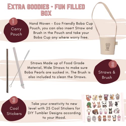 EleBoba Reusable Boba Cup with Lid and Straws - Leak Proof Tumbler for Bubble Tea and Smoothies - 24oz/700ml - Carry Pouch, Stickers, 2x Straws, Cleaning Brush, Cute Boba Cup, Kawaii Boba Cup
