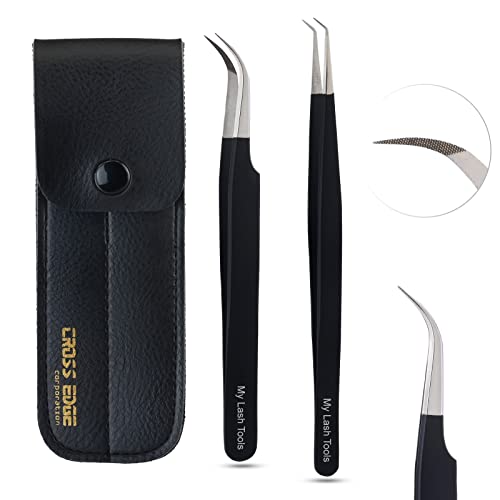 Cross Edge Corporation My Lash Tools Fiber Tip Eyelash Tweezers for Extensions Pro Volume, Isolation & Classic False Lashes Stainless Steel Straight and Curved Set (2 Pieces, 5) (CEC-TWEEZERSSETSBLK)