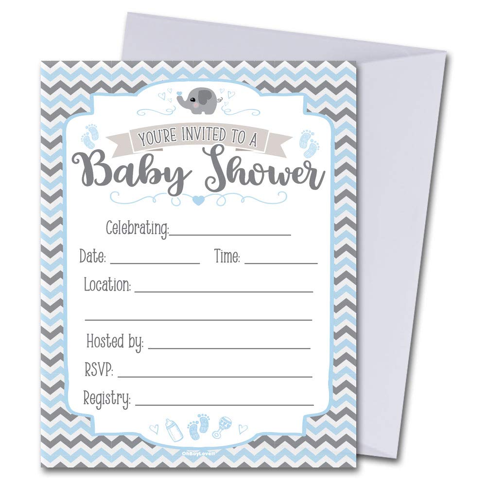 Blue Elephant Baby Shower Invitations with Envelopes 25 Pack | Blue Grey Chevron | Fill in Style | Baby Boy