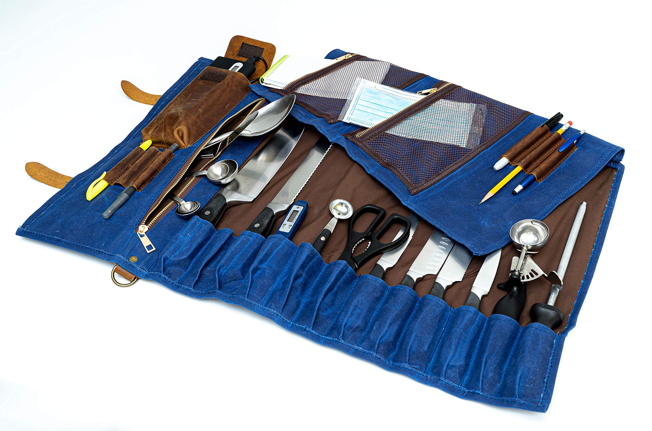 Chef Knife Roll Bag Waxed Cavas Genuine Leather USB | Amazing Gift for Tech Savvy Executive Chefs & Culinary Students (Blue) Culinary graduation gift | JOZ Creations LLC knife bag USB port blue