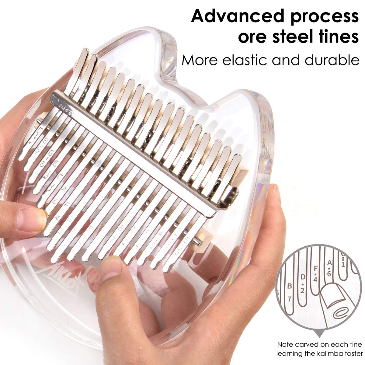 Kalimba Thumb Piano, AKLOT 17 Keys Transparent Acrylic Cat Note Carved Starter Finger Piano with Kalimba Case Tune Hammer Study Booklet Stickers