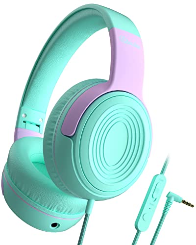 ELECDER Kids Headphones, S8 Wired Headphones for Kids with Microphone for Boys Girls, Adjustable 85dB/94dB Volume Limited, 3.5 mm Jack for/Kindle/Smartphones/Tablet/Airplane Travel(Green/Purple)