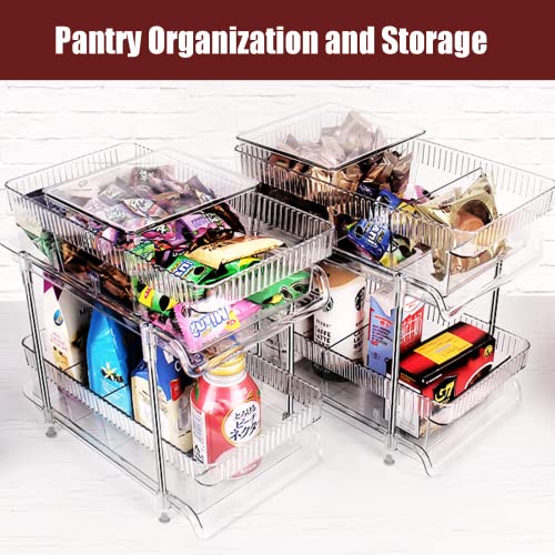 DYFAIS 2 Tier Clear Organizer with Dividers, Multi-Purpose Slide-Out Storage Container, Kitchen Pantry Medicine Cabniet Bins, Bathroom Vanity Counter Organizing Tray, Under Sink Closet Organization