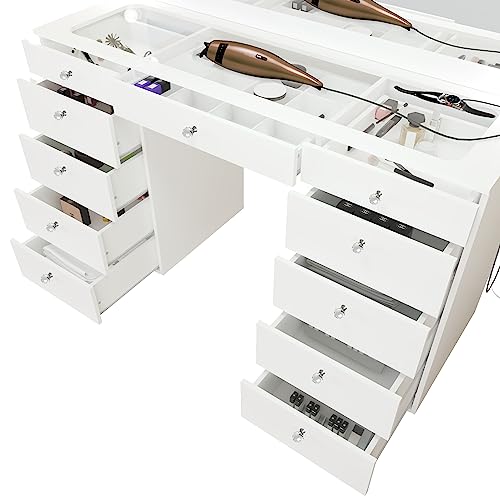 Boahaus Orla Modern Makeup Vanity Desk with Light Bulbs Built-in, USB Port and Power Outlet, 11 Drawers, Hollywood Vanity Mirror, Glam Glass Top Vanity, Crystal Ball Knobs, Big Vanity for Bedroom