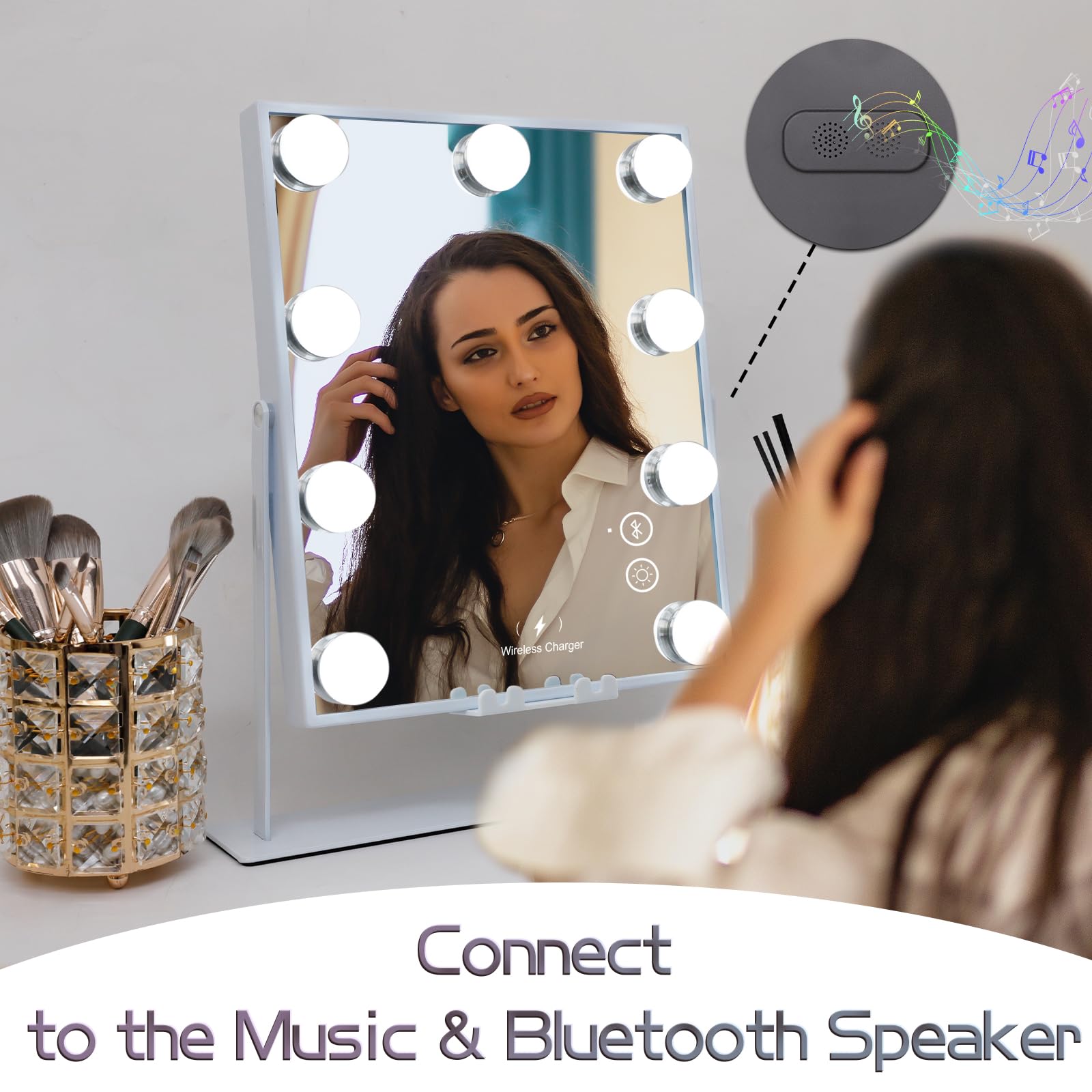 MISAVANITY Hollywood Vanity Mirror with Wireless Charging and Speaker 9.84" x11.81" Lighted Makeup Vanity Mirror with 9 Bulbs 360 Rotation 10X Magnification 3 Color Lighting Modes Mirror, White