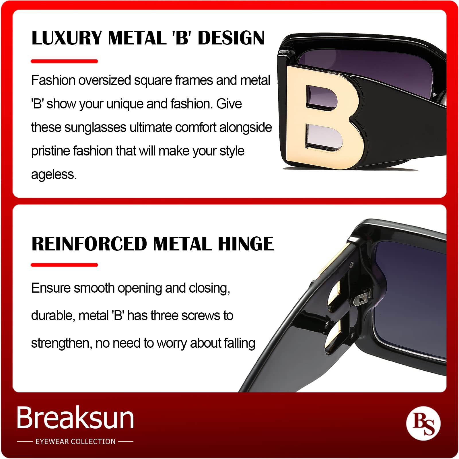 Breaksun Fashion Big Square Sunglasses for Women Men Classic Black Luxury Designer Sun Glasses Thick Frame Gradient Tint (Black/Grey/Black Character)