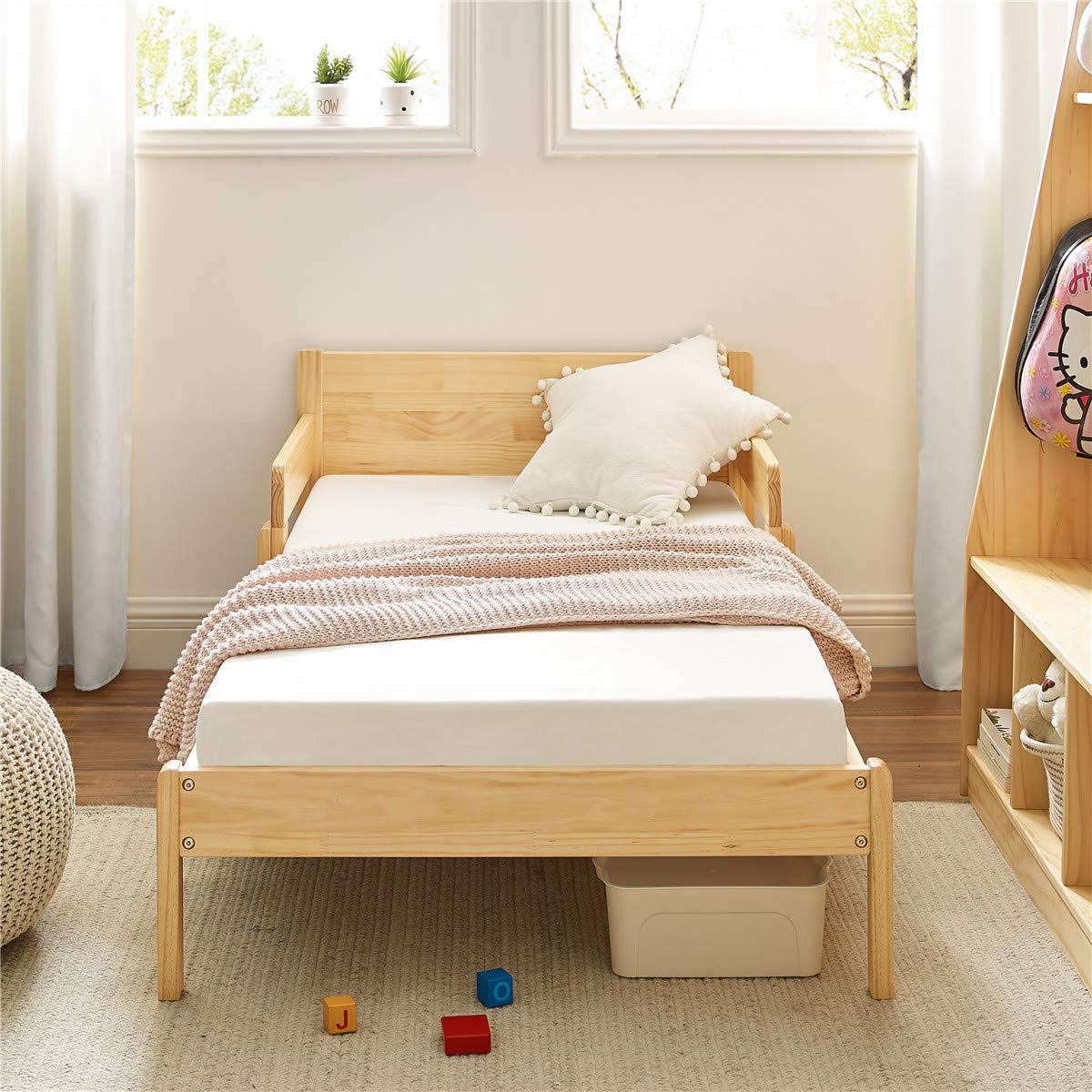 MUSEHOMEINC 2 in 1 Convertible Bed,Multifunctional Solid Wood Twin Bed 2 Side Guardrails, Bed Frame Convert to one Chair/Sofa, Fits Standard Crib Mattress,(Mattress not Included)