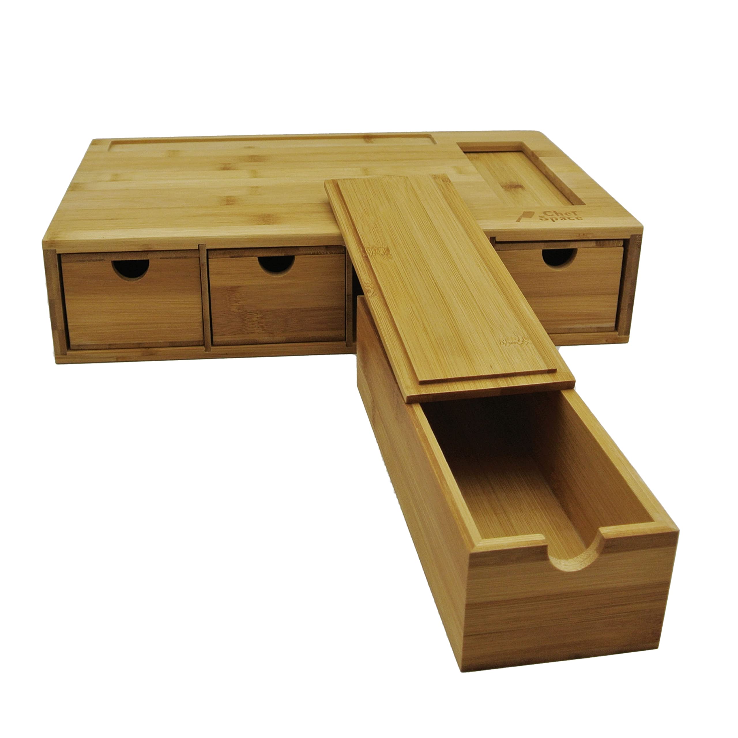 Chef Space Large Bamboo Sushi Prep Cutting Board with Space-Saving Storage Trays - 16" x 10"