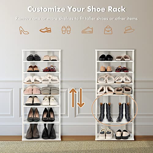 COSTWAY 7 Tiers Shoe Rack, Double Rows Vertical Tall Narrow Patented Shoe Organizer, Free Standing Shoe Rack for Small Space, Entryway, Closet, Living Room, Bedroom (White)