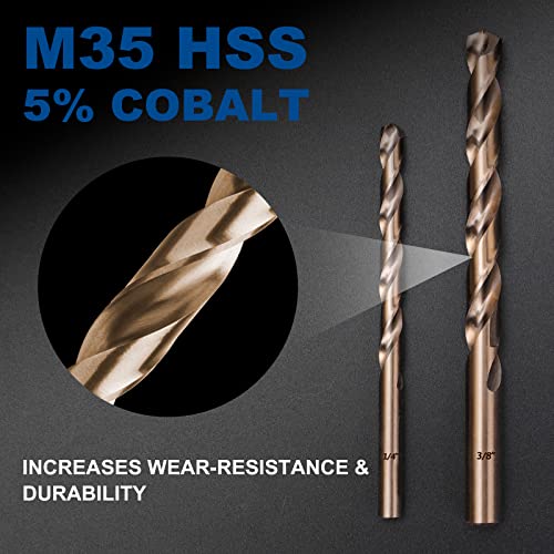 COMOWARE Cobalt Drill Bit Set- 15Pcs M35 High Speed Steel Twist Jobber Length for Hardened Metal, Stainless Steel, Cast Iron and Wood Plastic with Indexed Storage Case, 1/16"-3/8"
