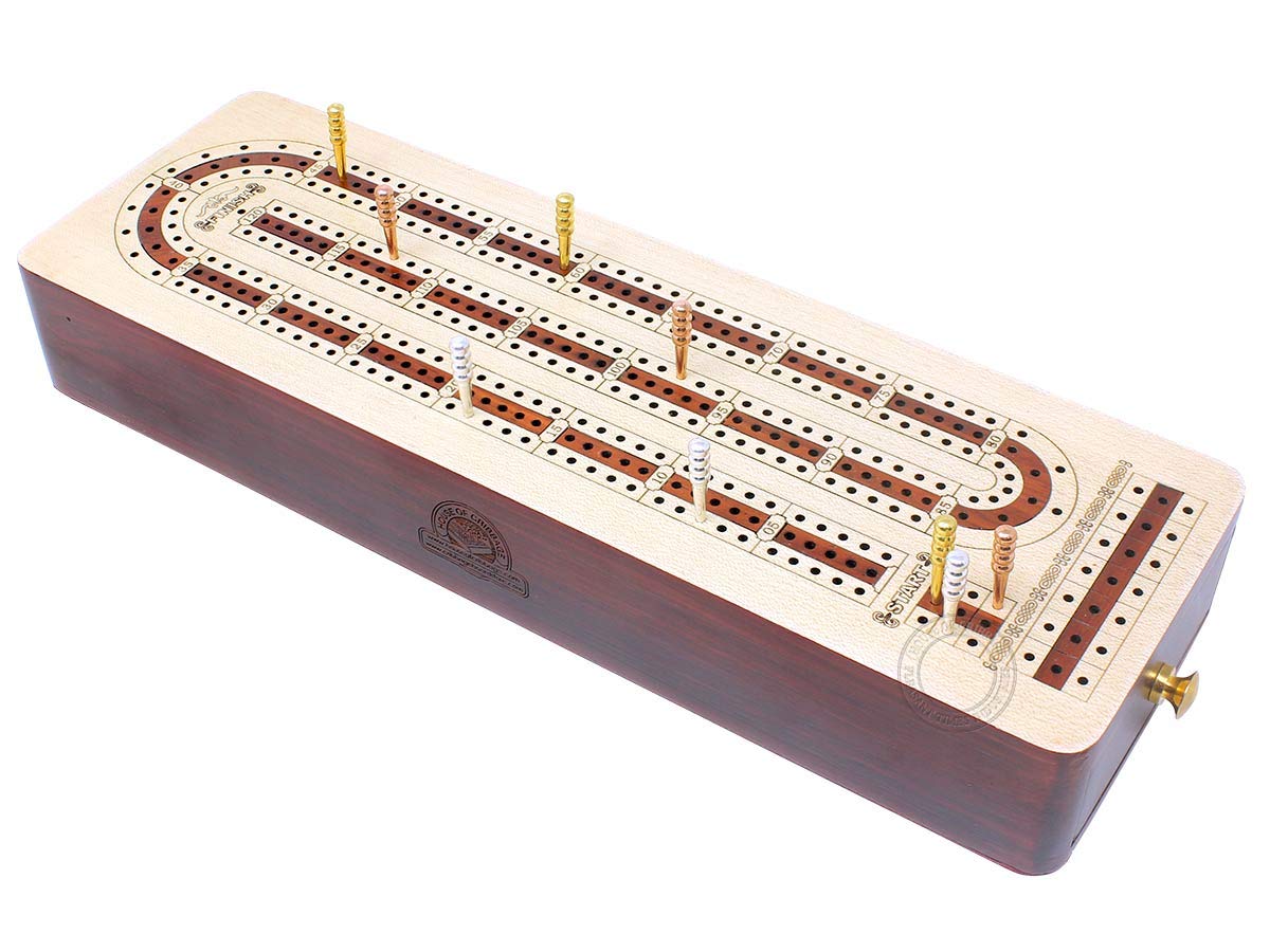 House of Cribbage Continuous Cribbage Board Alphabet e Shape Inlaid in Maple and Bloodwood with Storage Drawer for pegs and Cards - 3 Tracks