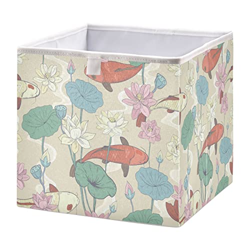 Kigai Lotuses and Carps Pattern Open Home Storage Bins for Home Organization and Storage, Collapsible Closet Storage Bins, 15.75"L x 10.63"W x 6.96"H
