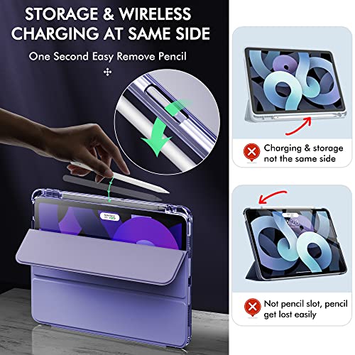 INFILAND Compatible with iPad Air 5th Generation Case 2022, iPad Air 4th Generation Case 2020 10.9 inch with Crystal Clear Back & Pencil Holder [Support Pencil Wireless Charging] English Lavender