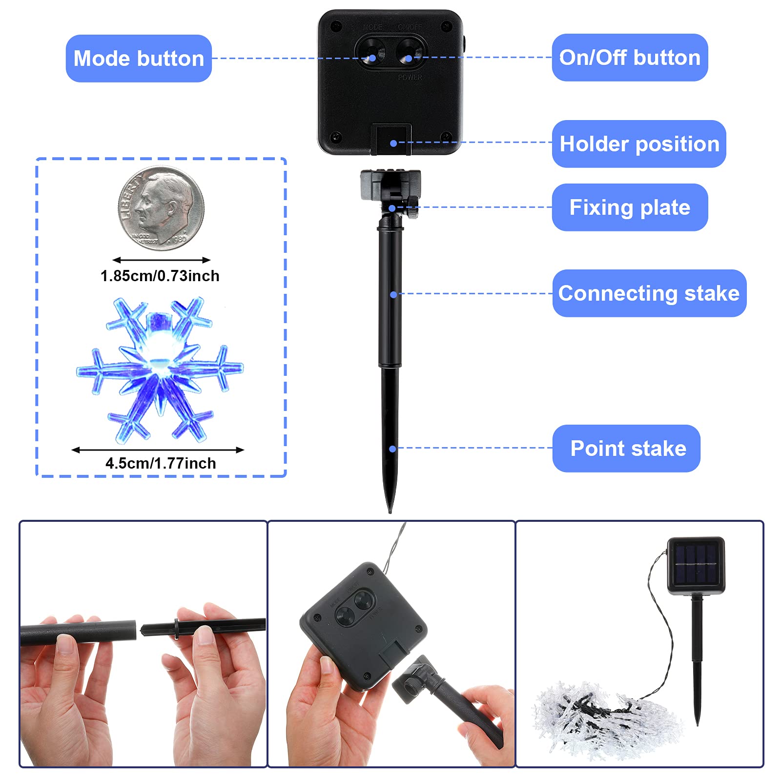 Snowflake Solar String Lights, 50LED 23ft 8 Modes Waterproof Solar Powered String Fairy Lights for Patio Home Gardens Outdoor Holiday Christmas Tree Party Decorations (Blue)