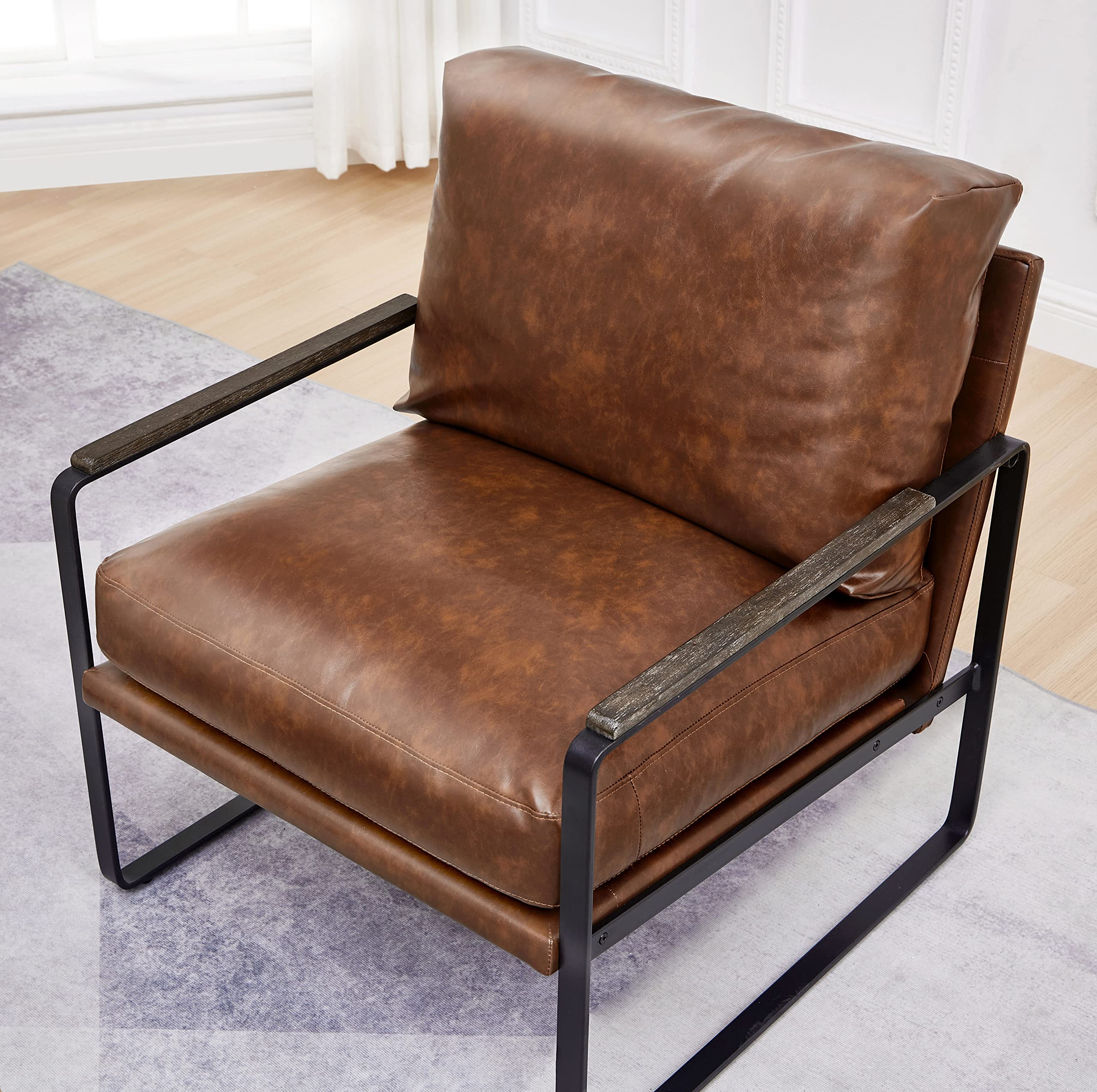 Ball & Cast Mid Century Accent Chair Faux Leather Strap Armless Lounge Chair with Metal Frame, Brown