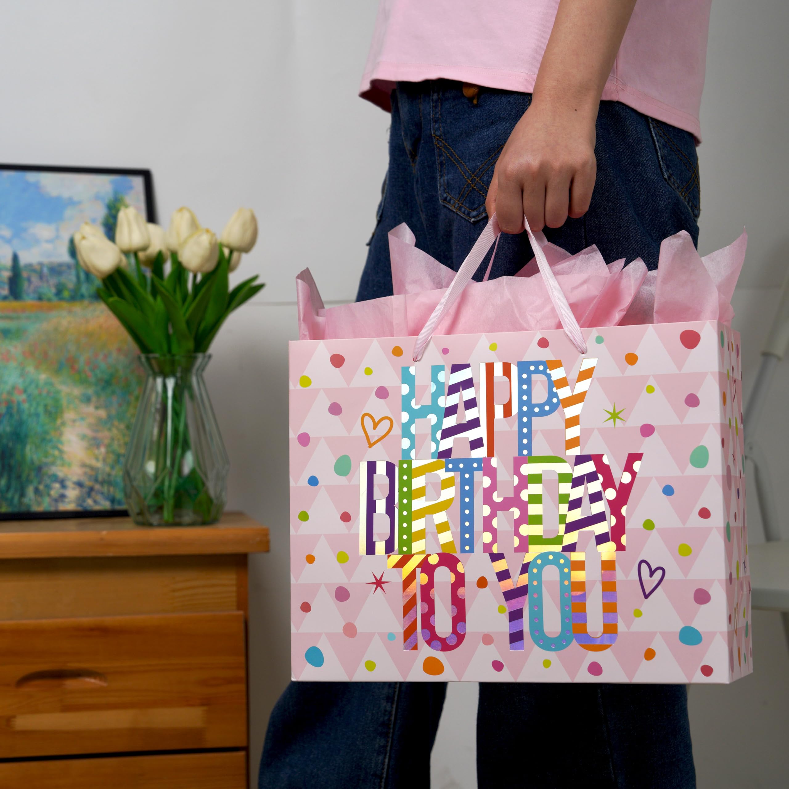 Bobobag 13" Large Gift Bag with Tissue Paper and Greeting Card ,Happy Birthday gift bags for Girls