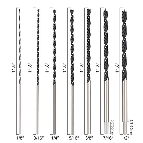 COMOWARE Extra Long Brad Point Drill Bit Set - 300mm Carbon Steel Wood Drill Bit Set for Hardwood, Plywood, Plastic, Aluminum, 7Pcs | 1/8'', 3/16'', 1/4'', 5/16'', 3/8'', 7/16'', 1/2'' (7 Pcs)